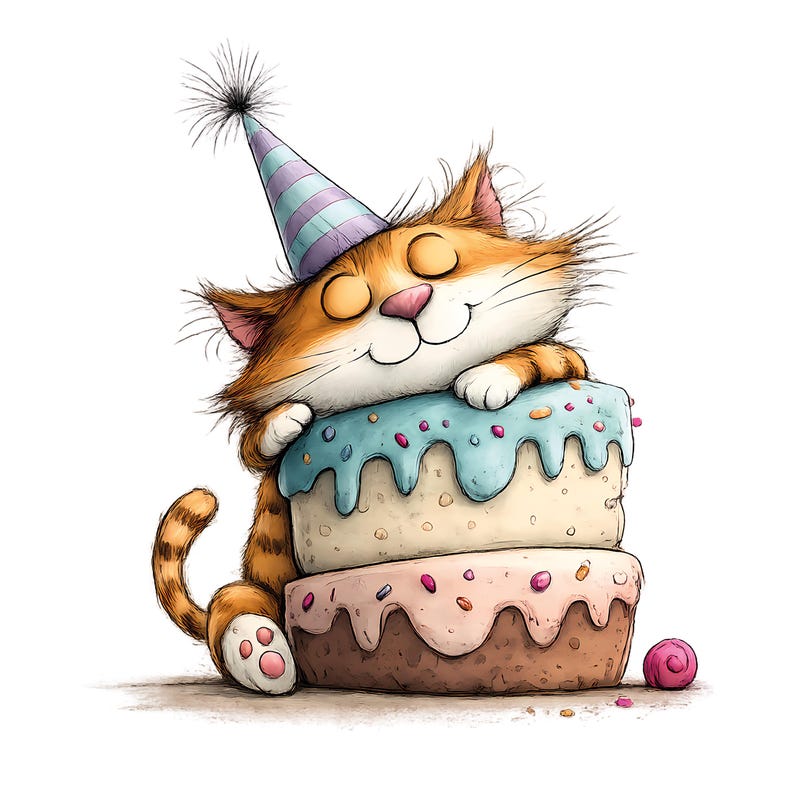 Whimsical Cat Birthday Clipart Bundle, 30 PNG Funny Cat Graphics - Etsy ...