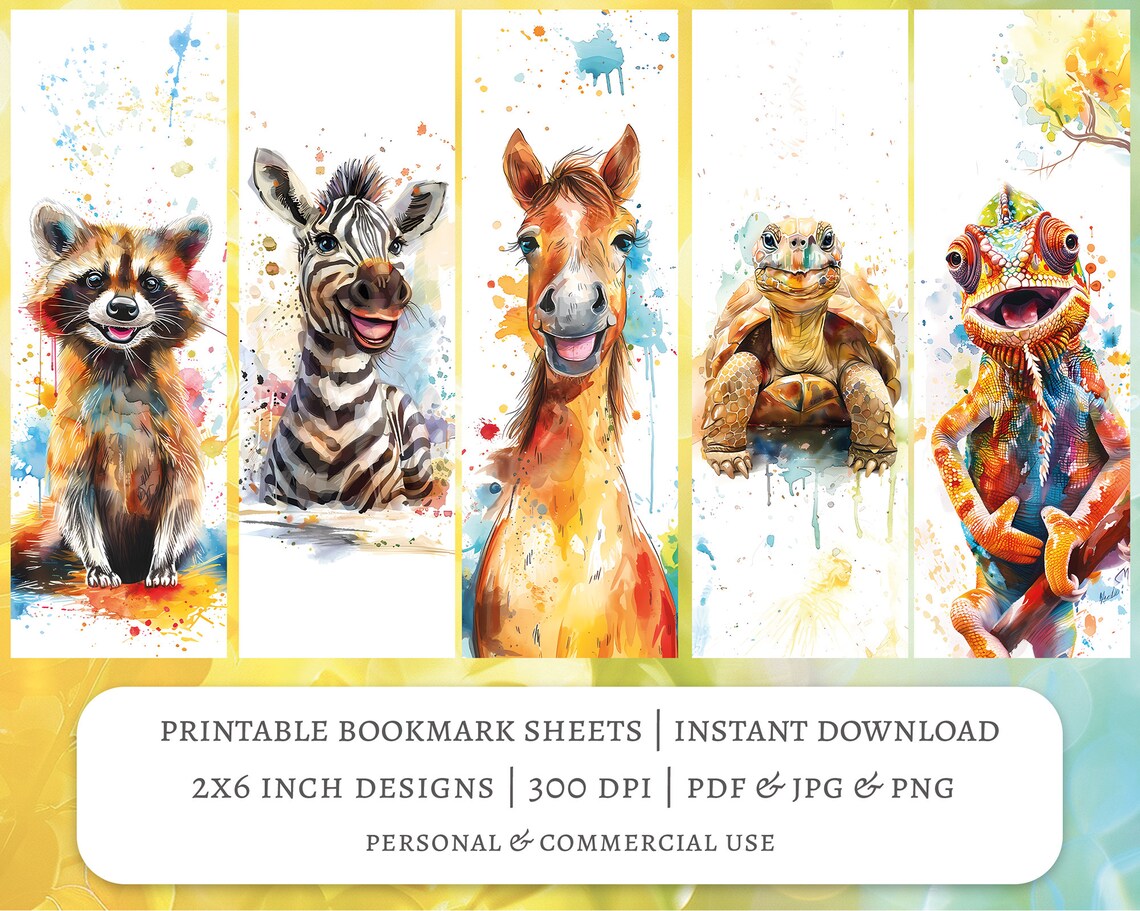 Watercolor Animal Bookmarks, Cute PNG Set (digital Download) - Etsy
