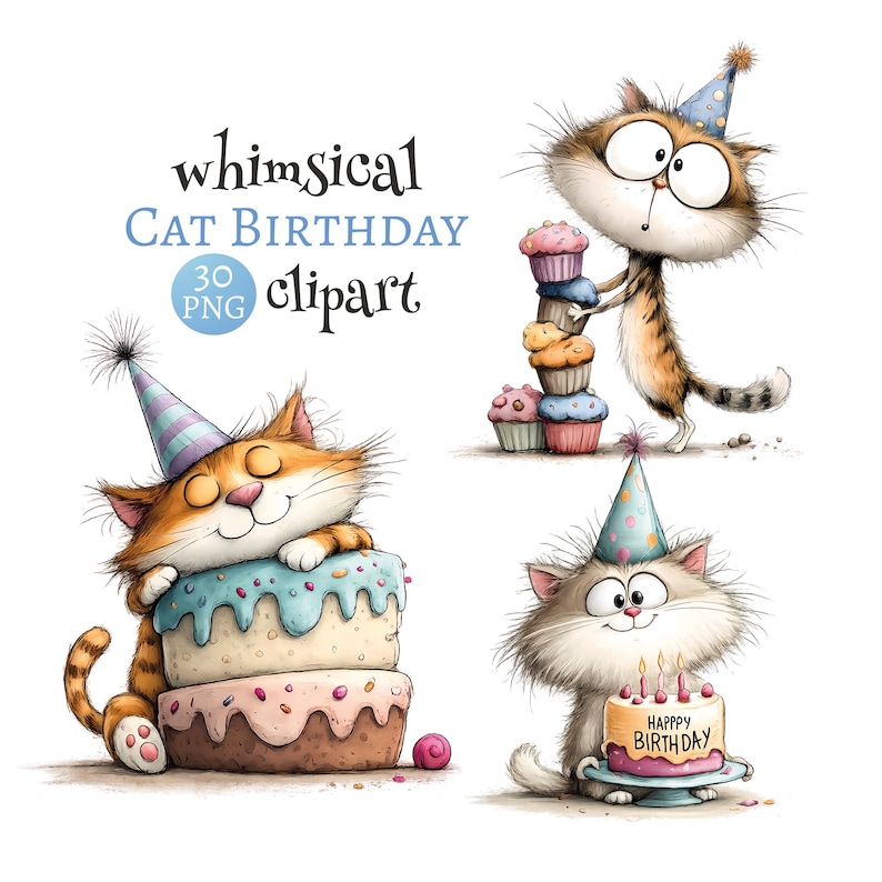 Whimsical Cat Birthday Clipart Bundle, 30 PNG Funny Cat Graphics - Etsy ...