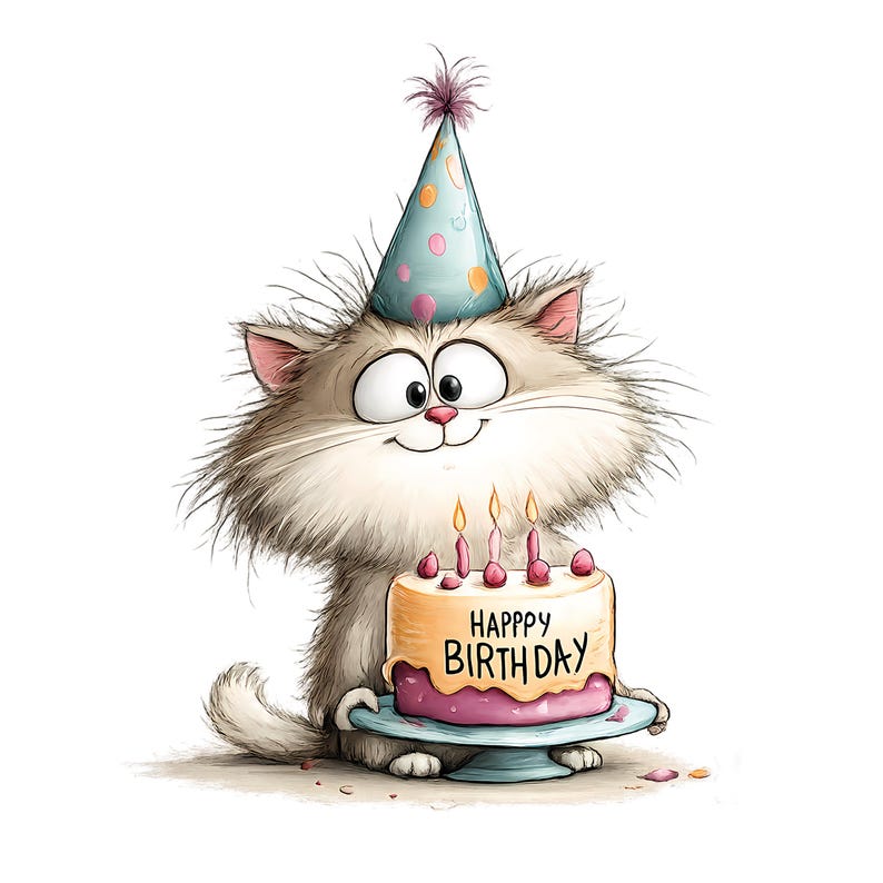 Whimsical Cat Birthday Clipart Bundle, 30 PNG Funny Cat Graphics - Etsy ...