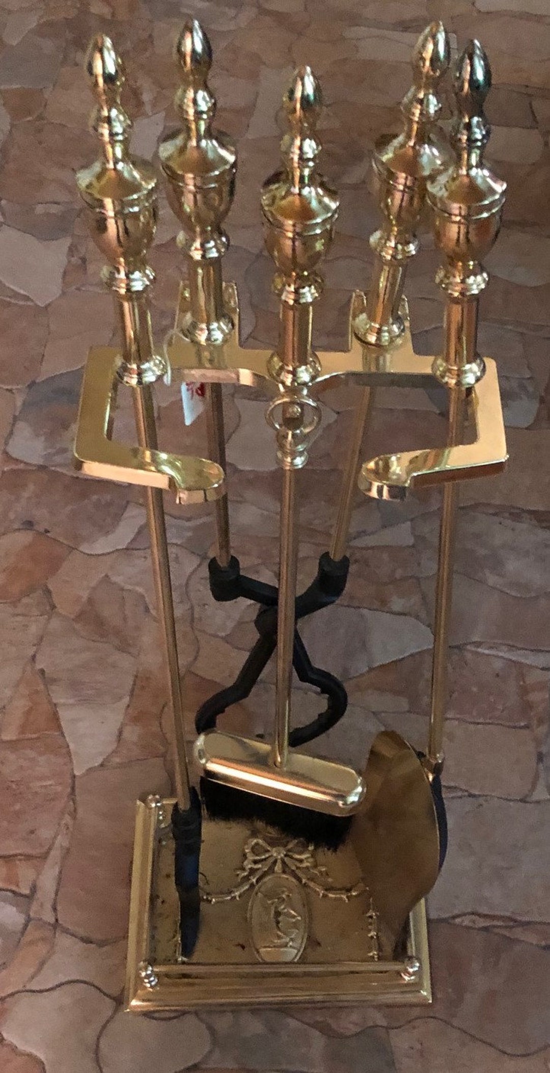 Vintage 5 Piece Brass Fireplace Set - Etsy