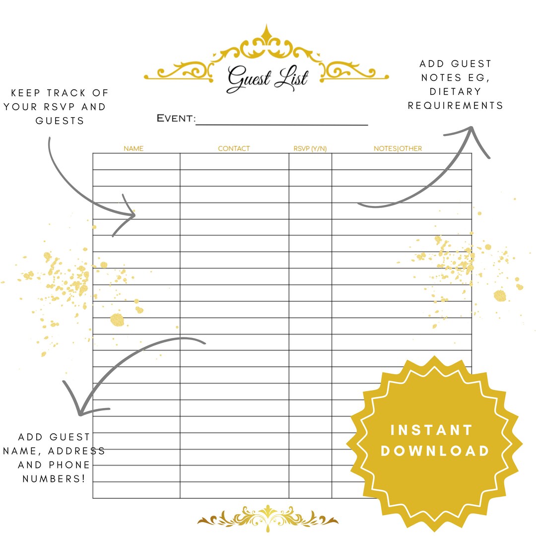 Luxury Guest List Wedding Guest Tracker Wedding Planner Instant ...