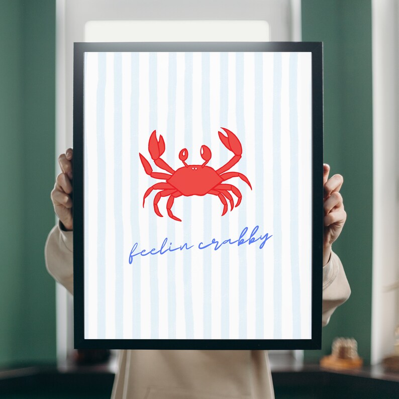 Cute Crab Printable Art, Funny Crab Art, Maximalist Coastal Wall Art ...