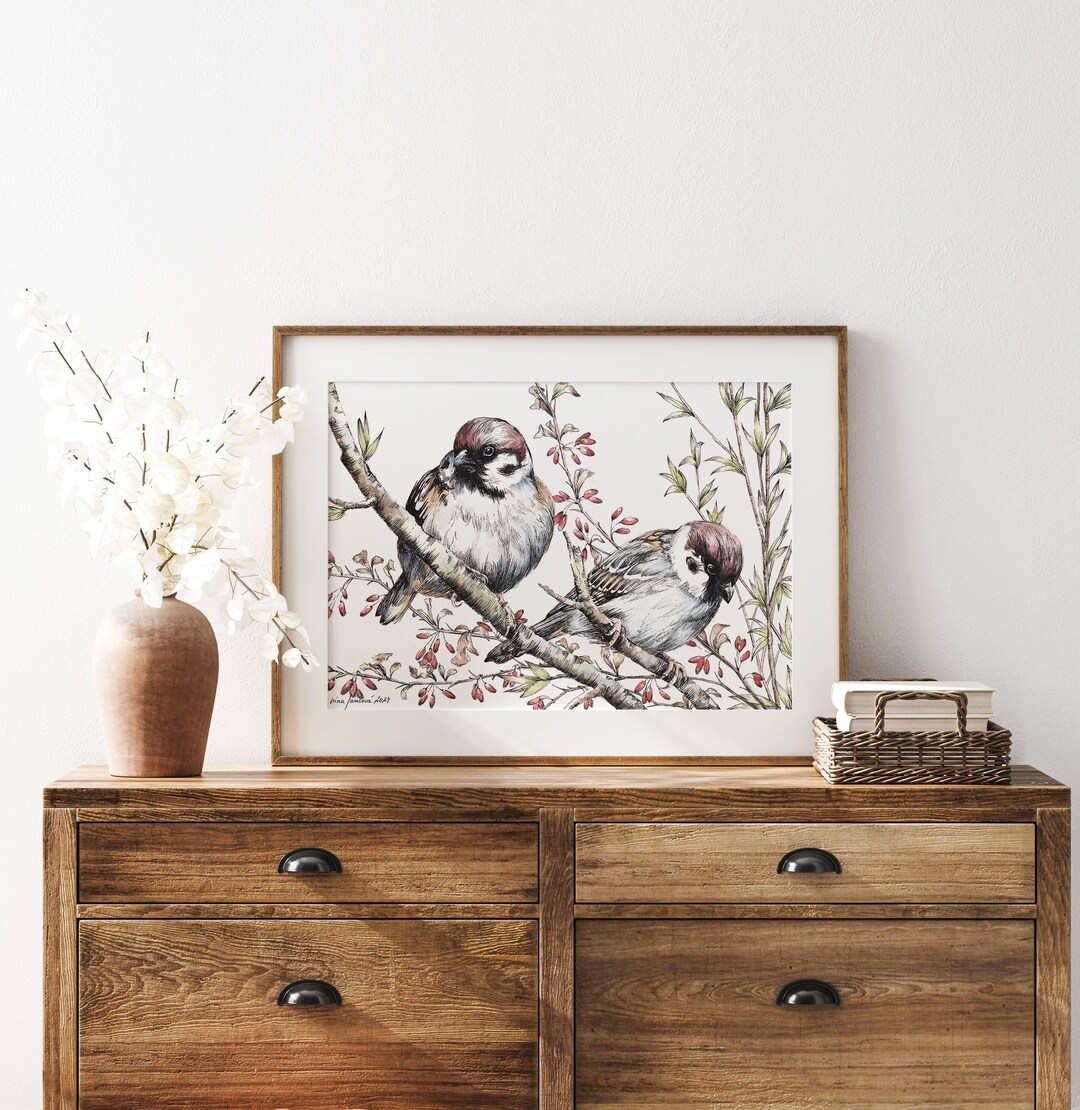 Sparrows Original Ink and Watercolour Illustration Hand-painted Bird ...