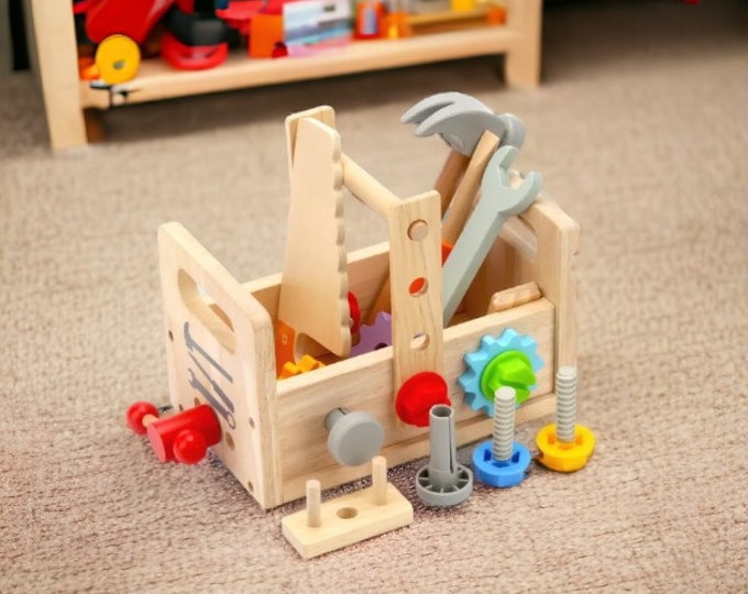 Wooden Toy Tool Set Box Toddlers, Natural Wood, Montessori Educational ...