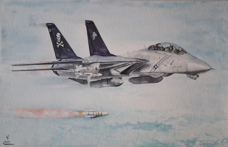 Original Watercolor Painting of an F-14 Tomvat Fighter Jet, Just Fired ...