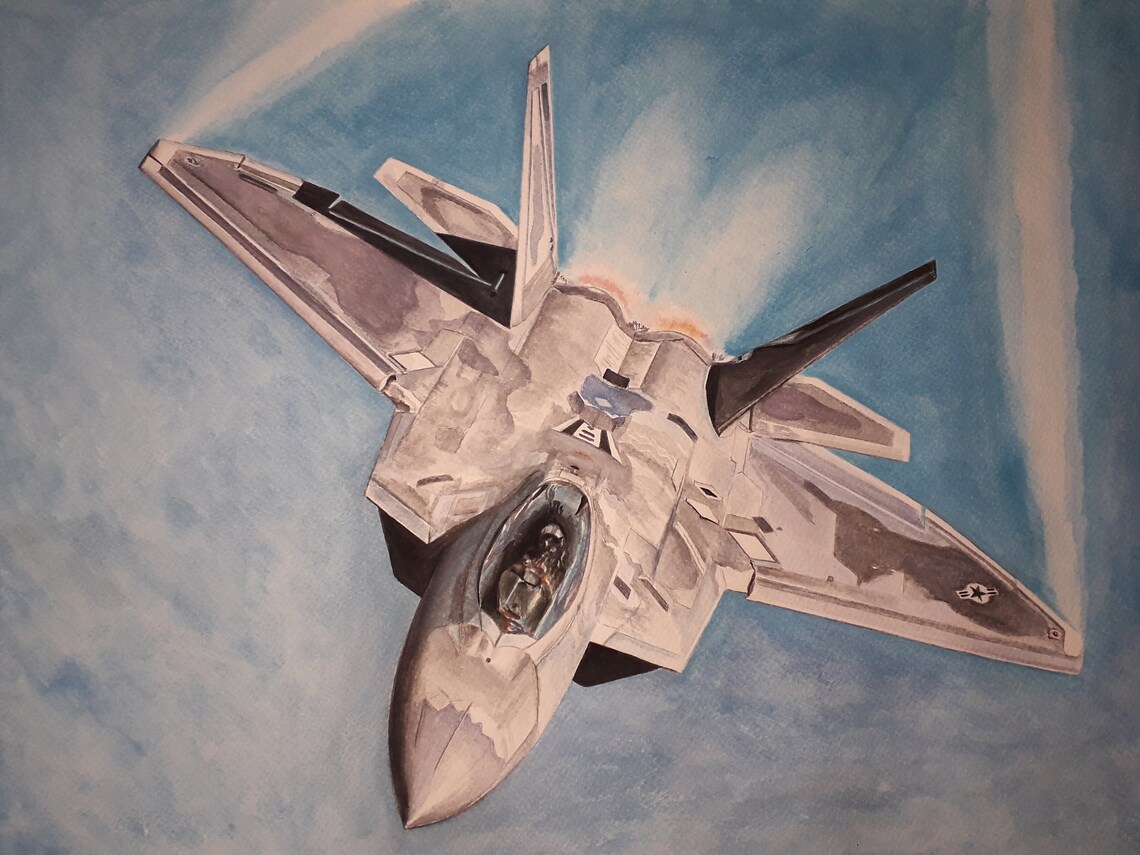 Original Watercolor Painting of an F-22 Raptor Fighter Jet in Flight ...