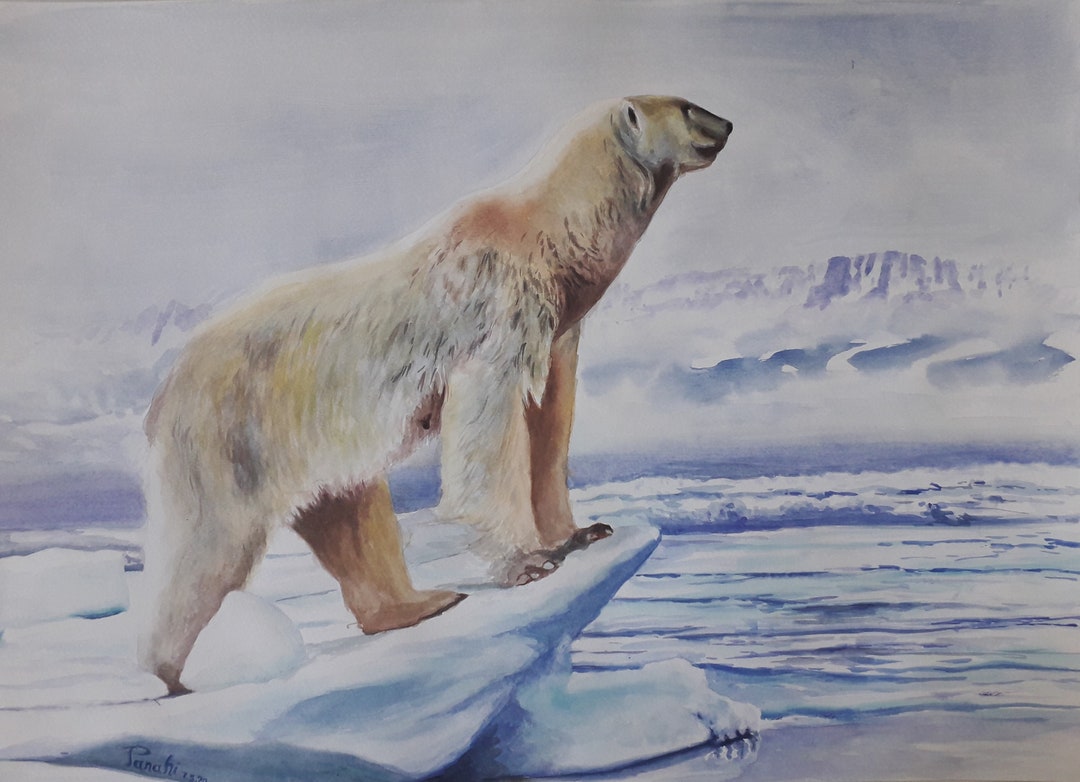 Original Watercolor Painting of a Polar Bear Standing on an Iceberg in ...