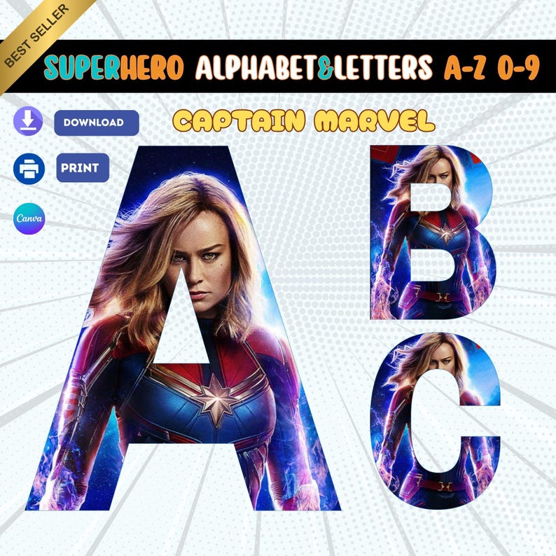 Captain Marvel Alphabet & Number Fonts | Girl Hero Clipart | Printable ...