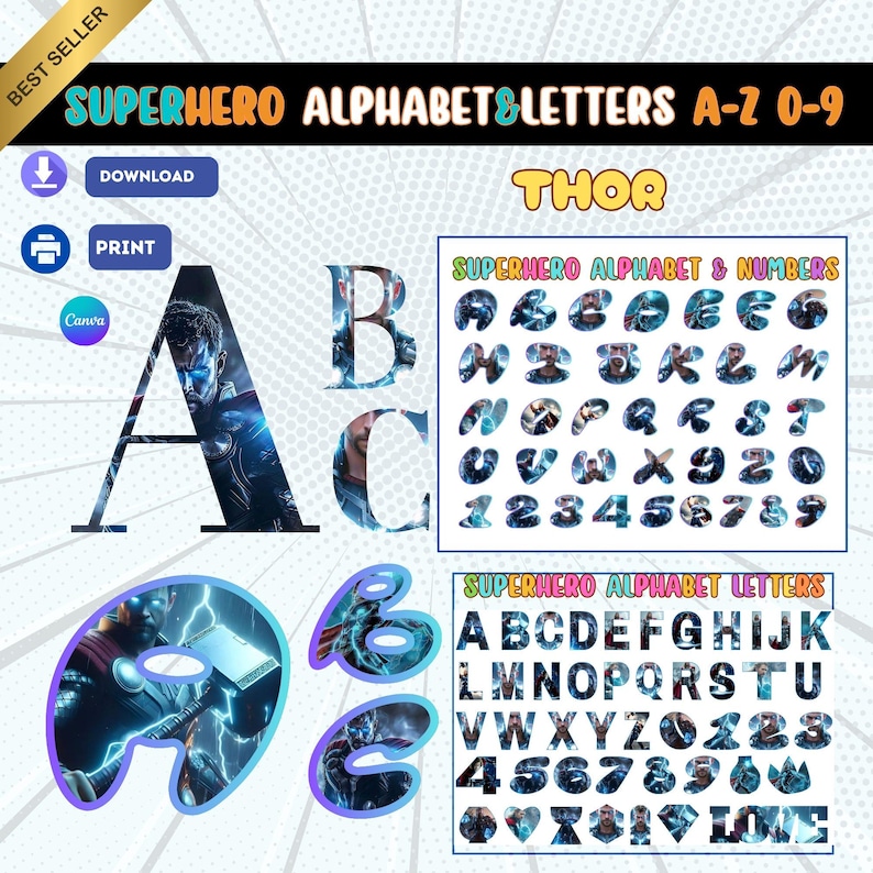 Thor Alphabet & Number Font Set: Superhero Letters, Lightning Clipart ...