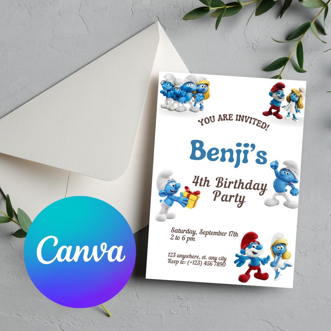 Editable Smurf Birthday Invitation: Canva Template (digital Download ...