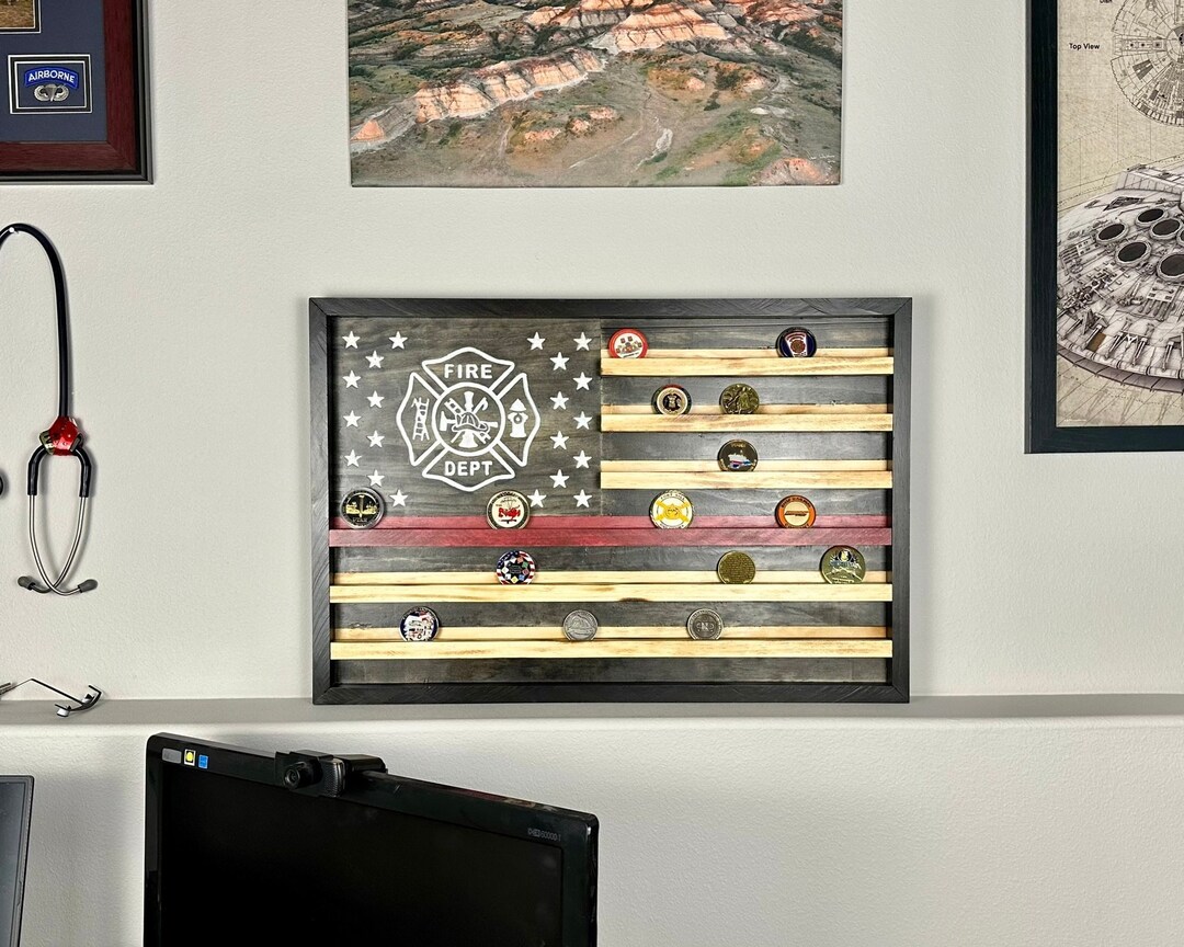 Challenge Coin Holder / Thin Red Line / Subdued Flag / Firefighter Gift ...