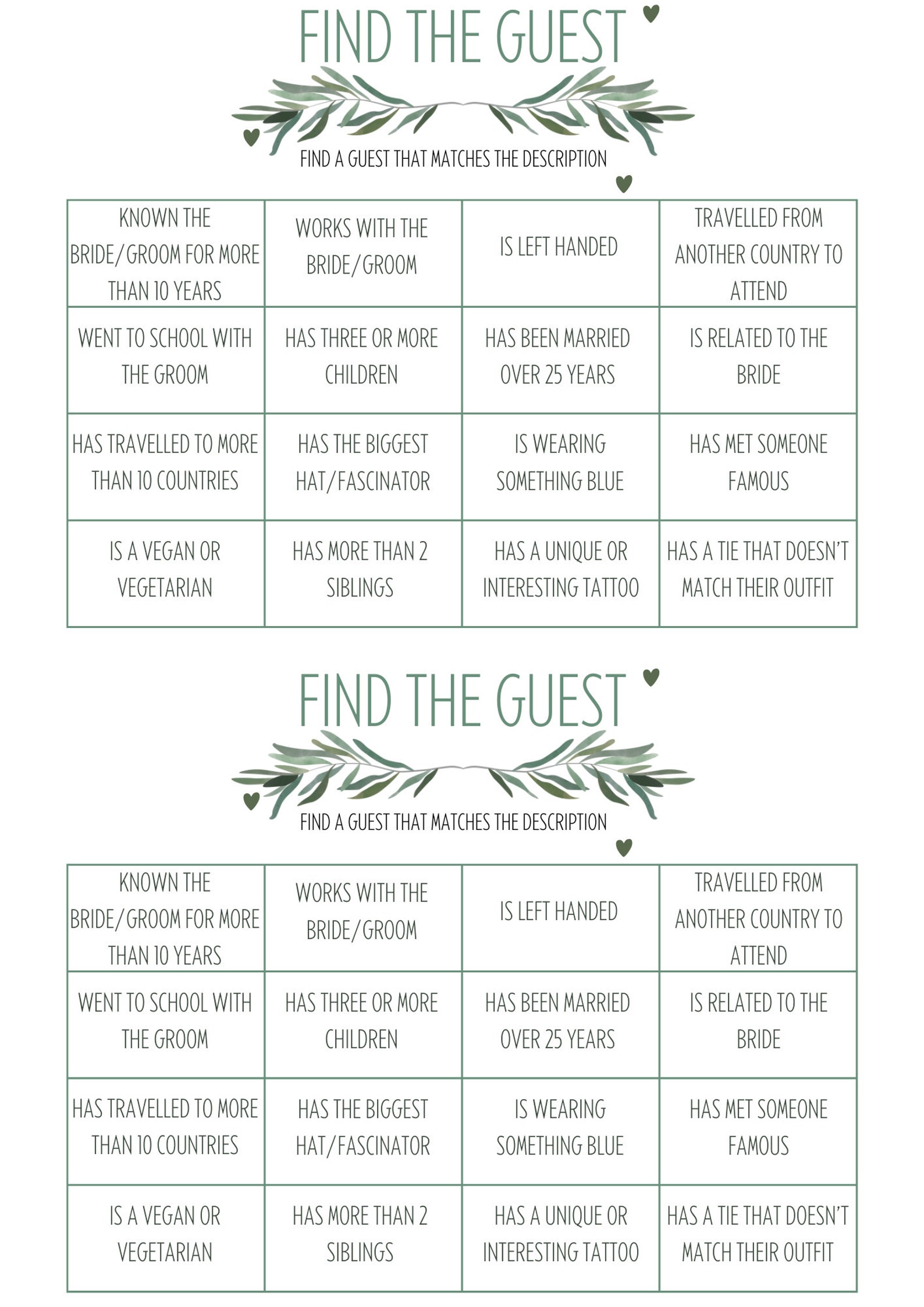 Find the Guest Wedding Game, Wedding Day Table Game, Printable Wedding ...