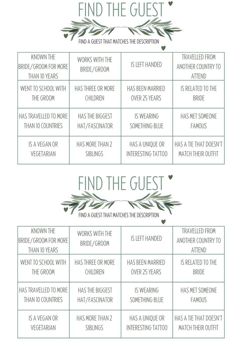 Find the Guest Wedding Game, Wedding Day Table Game, Printable Wedding ...