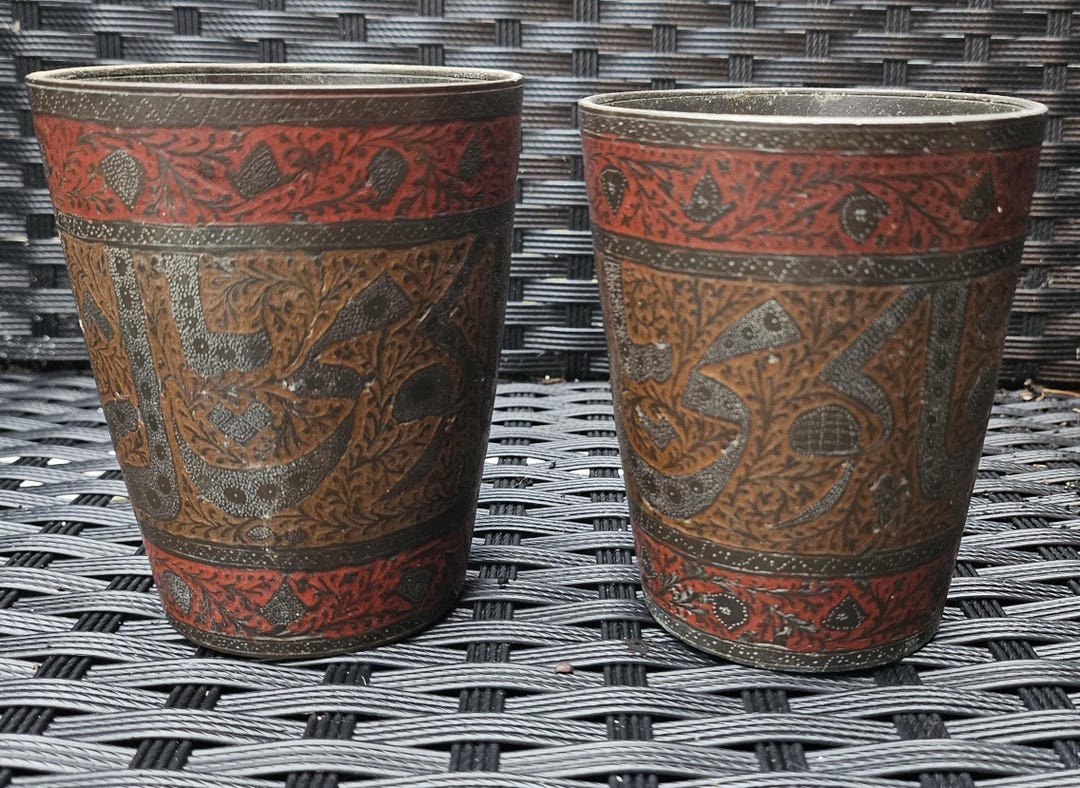 Antique / Vintage Pair Indian Beakers / Cups Decorated With Script and ...