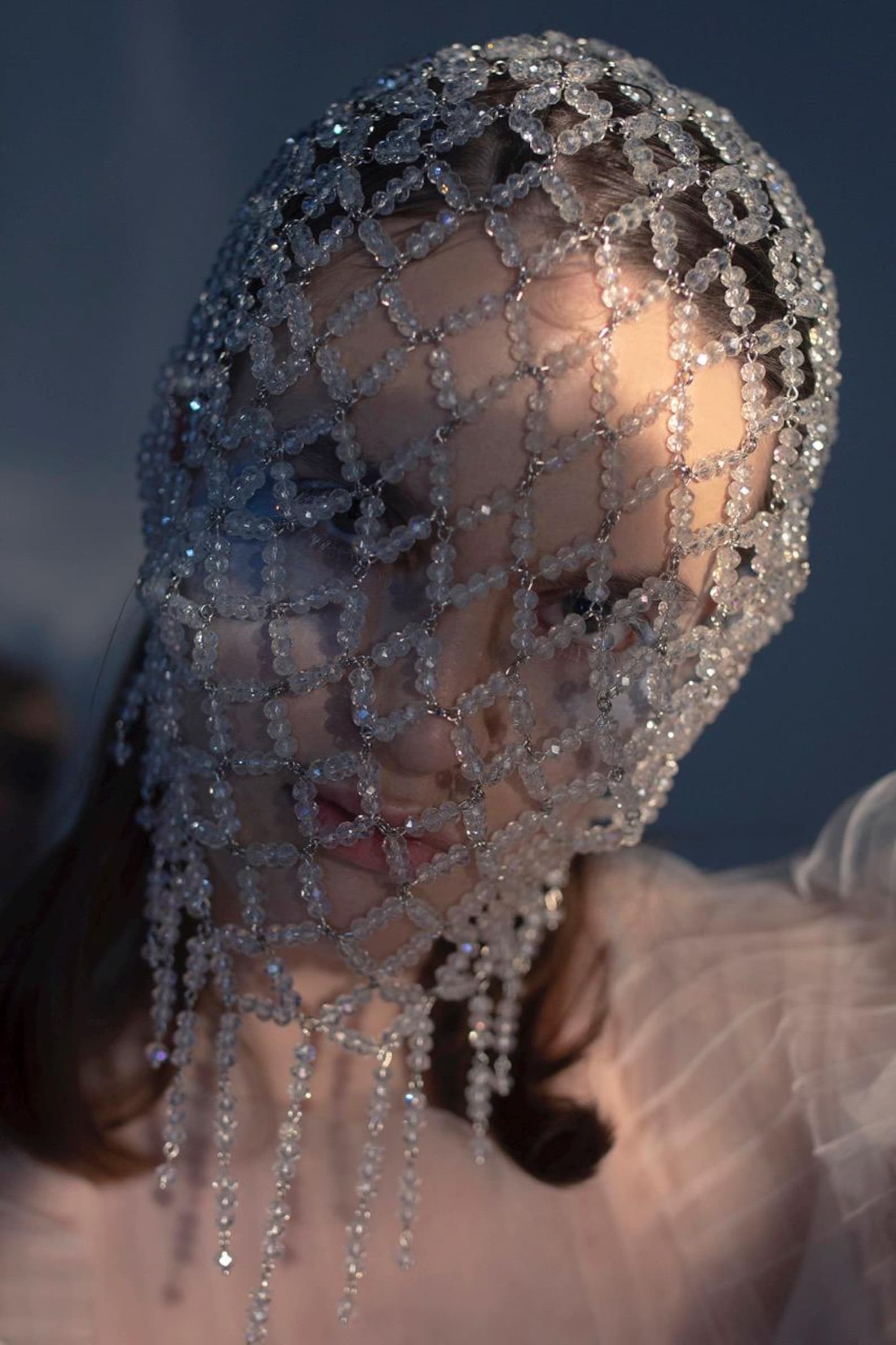 Handmade White Beaded Face Mask – Crystal Headpiece, Masquerade ...