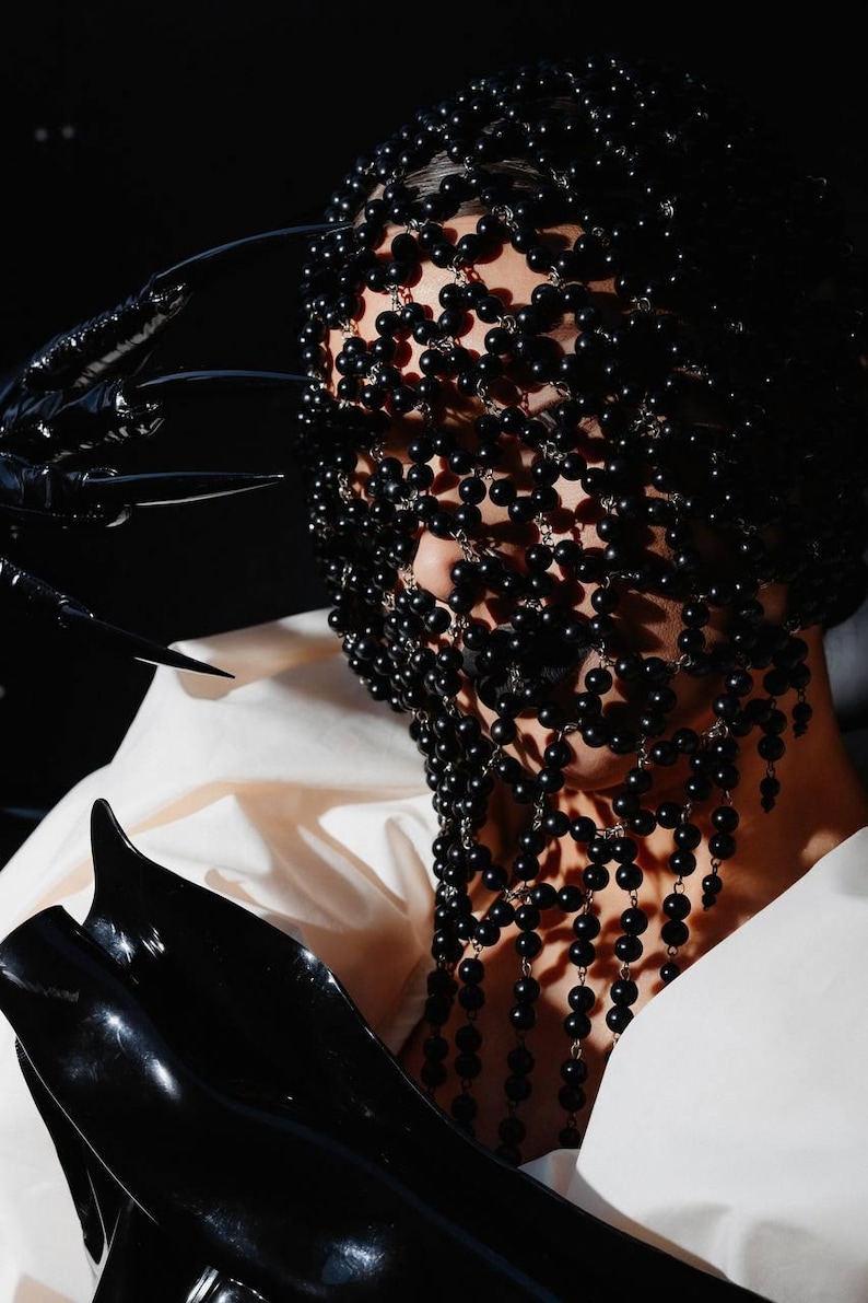 Black Beaded Face Mask: Avant Garde Full Face Jewelry Accessory for ...