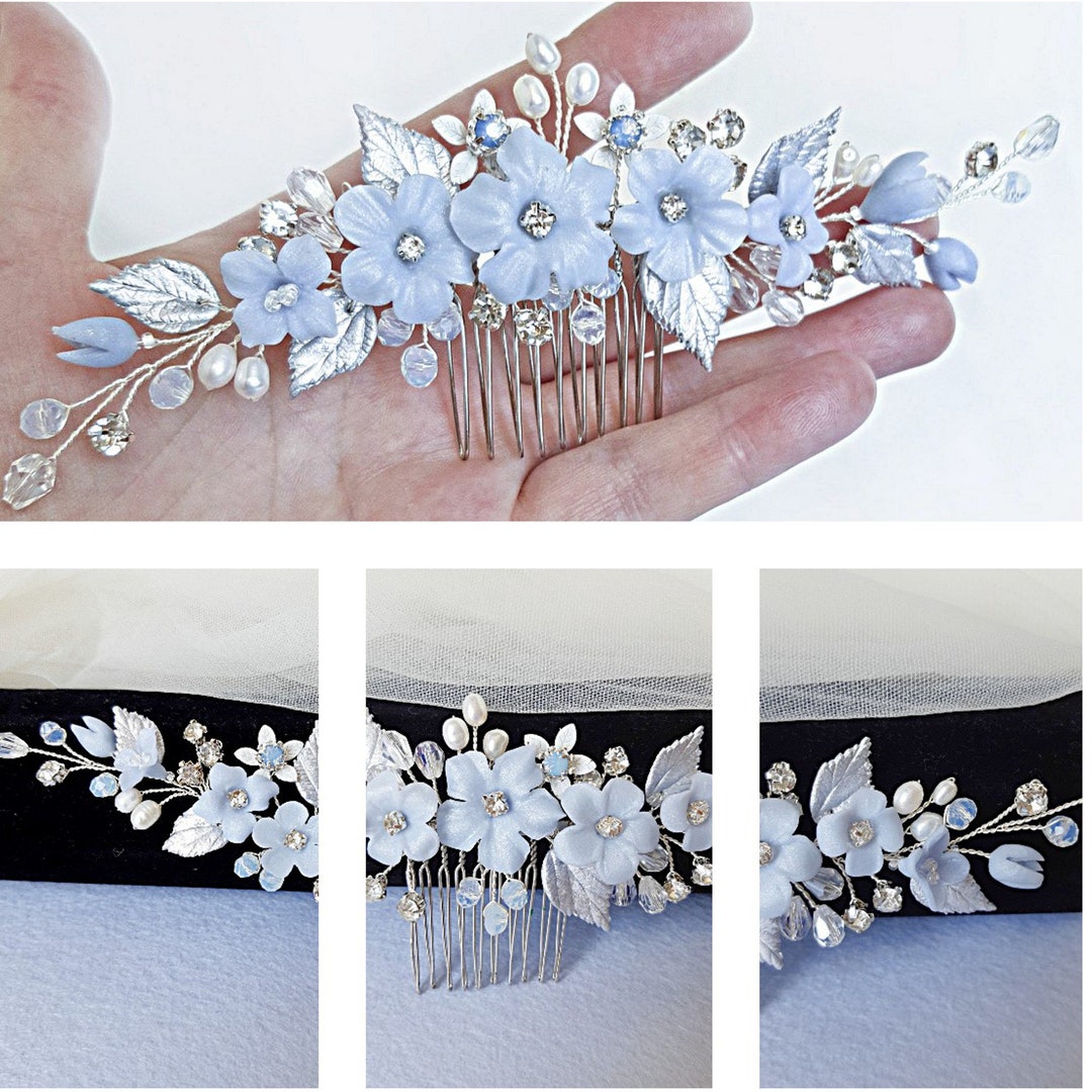 Dusty Blue Floral Hair Comb, Light Blue Flowers Bridal Comb, Pale Blue ...