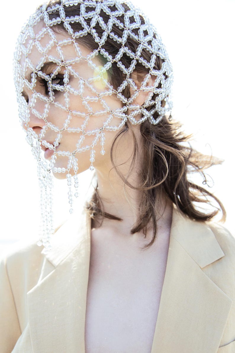 Handmade White Beaded Face Mask – Crystal Headpiece, Masquerade ...