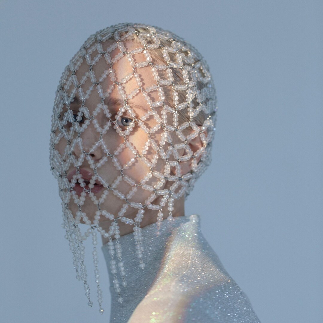 Handmade White Beaded Face Mask – Crystal Headpiece, Masquerade ...