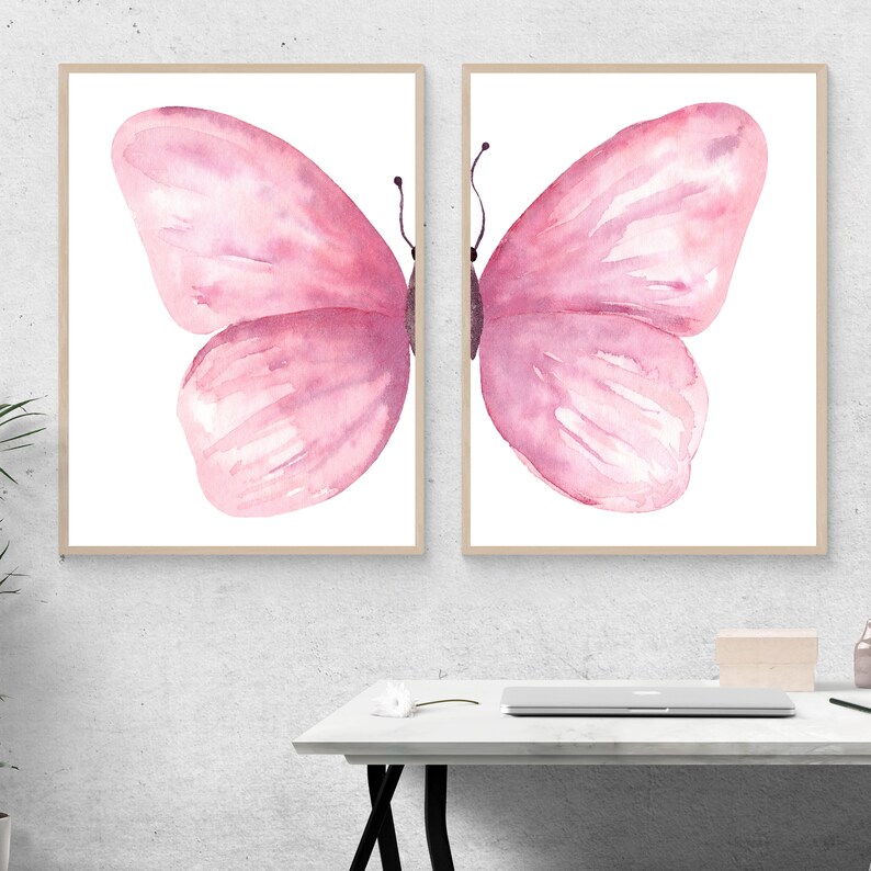 Watercolour Butterfly Wall Art Set of 2 Prints, Pink Butterfly Wall Art ...