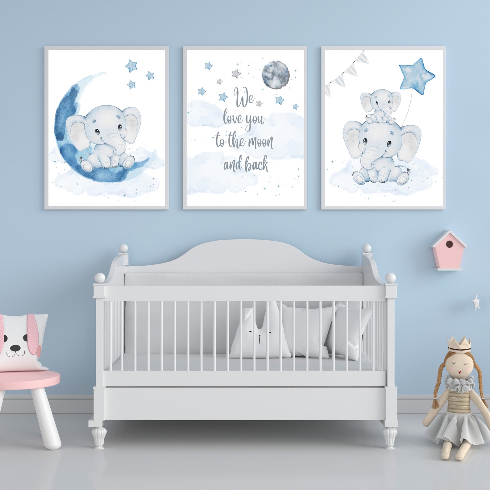 Elephant on Moon Print, Baby Boy Nursery Wall Art, Boy Room Wall Art ...