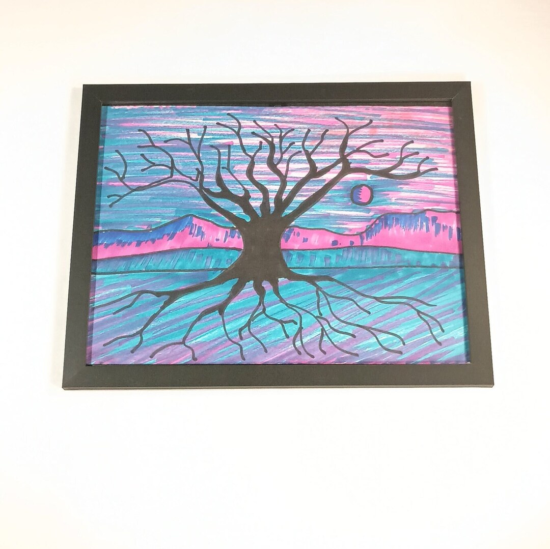 Landscape Drawing Abstract Tree of Life Mountains Handmade Wall Art - Etsy