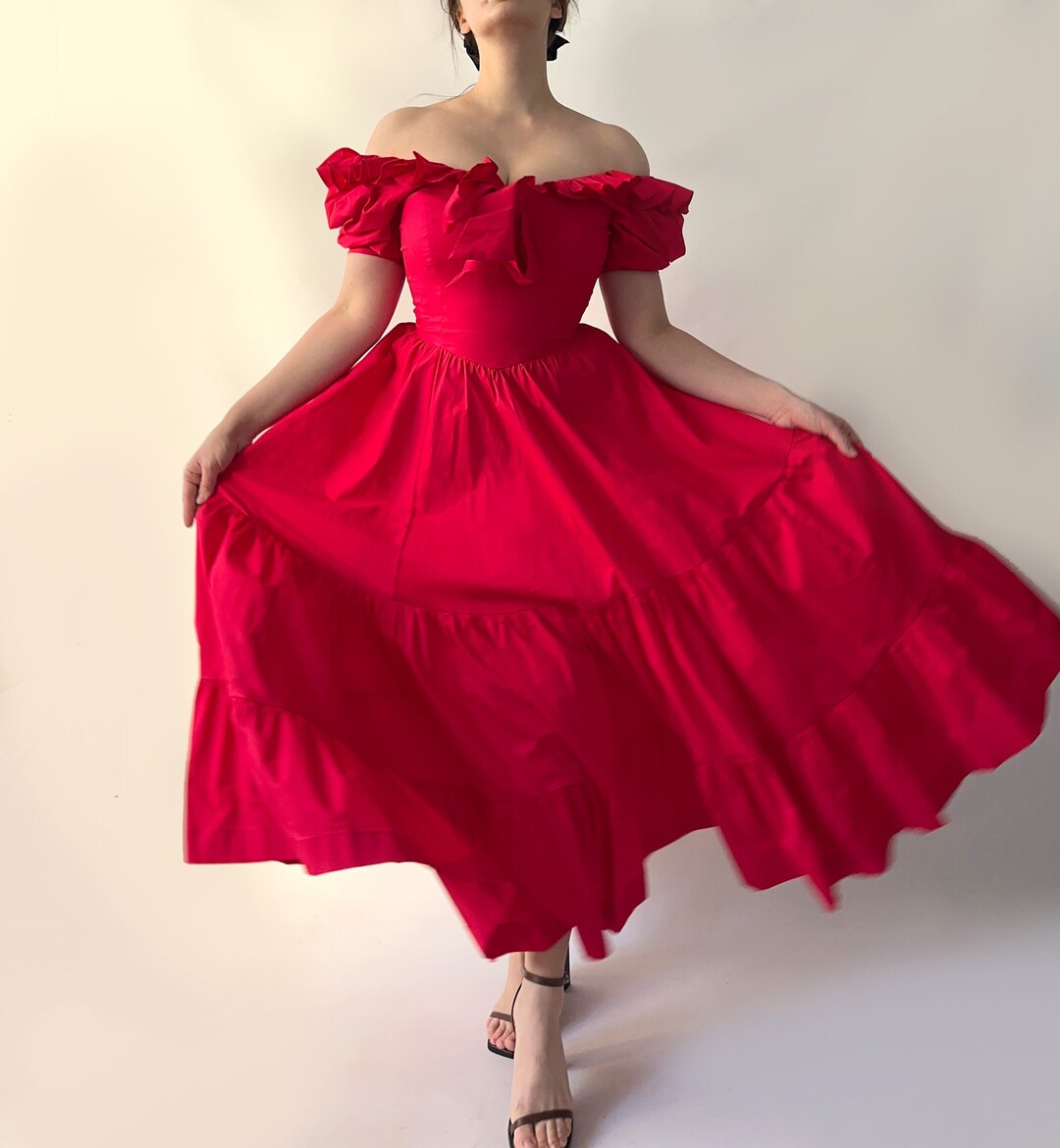 Crimson Shoulders off Ruffles Cotton Gorgeous Furfur Dress - Etsy