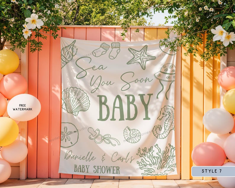 Custom Ocean Theme Baby Shower Banner, Sea You Soon Hanging Photo ...