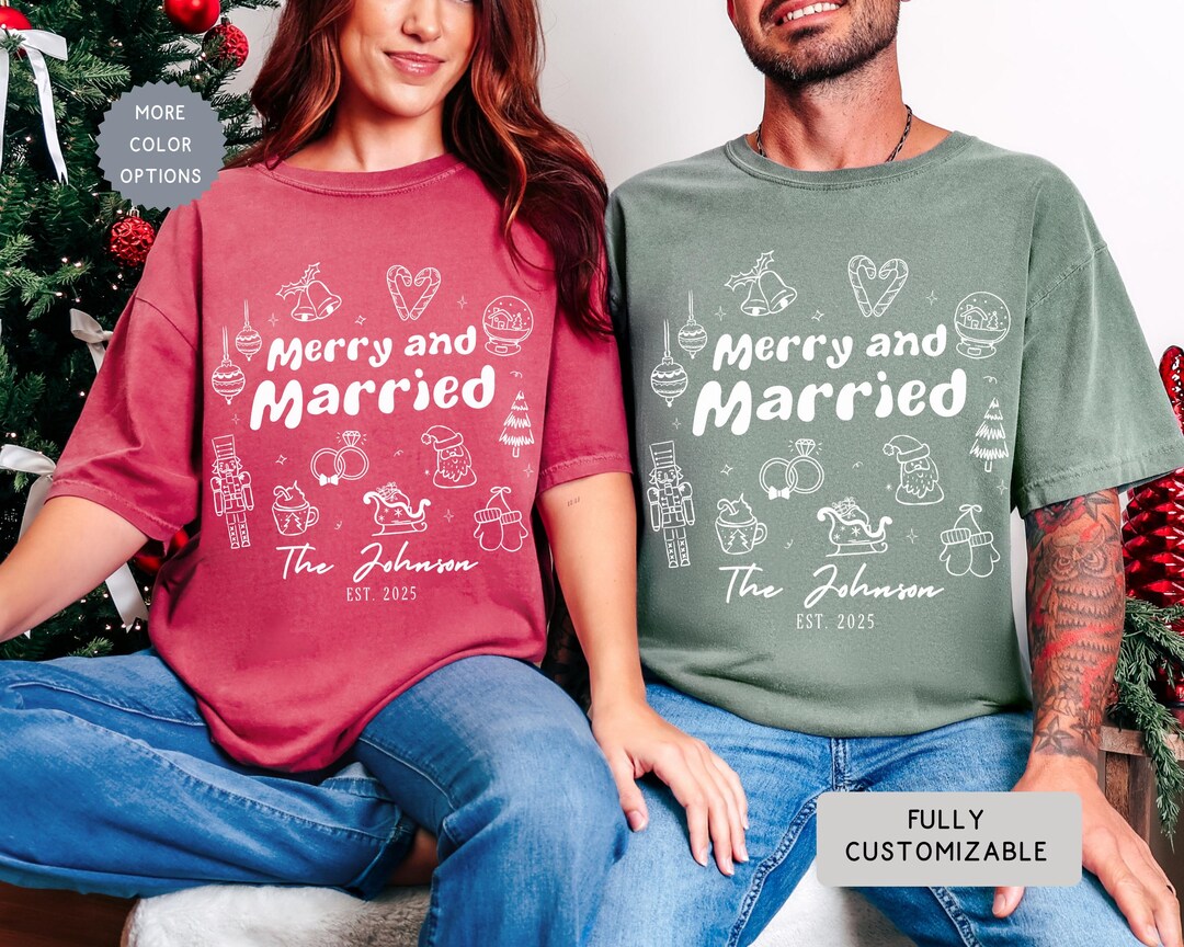 Personalized Merry and Married Couple Christmas Matching Shirt, Custom ...