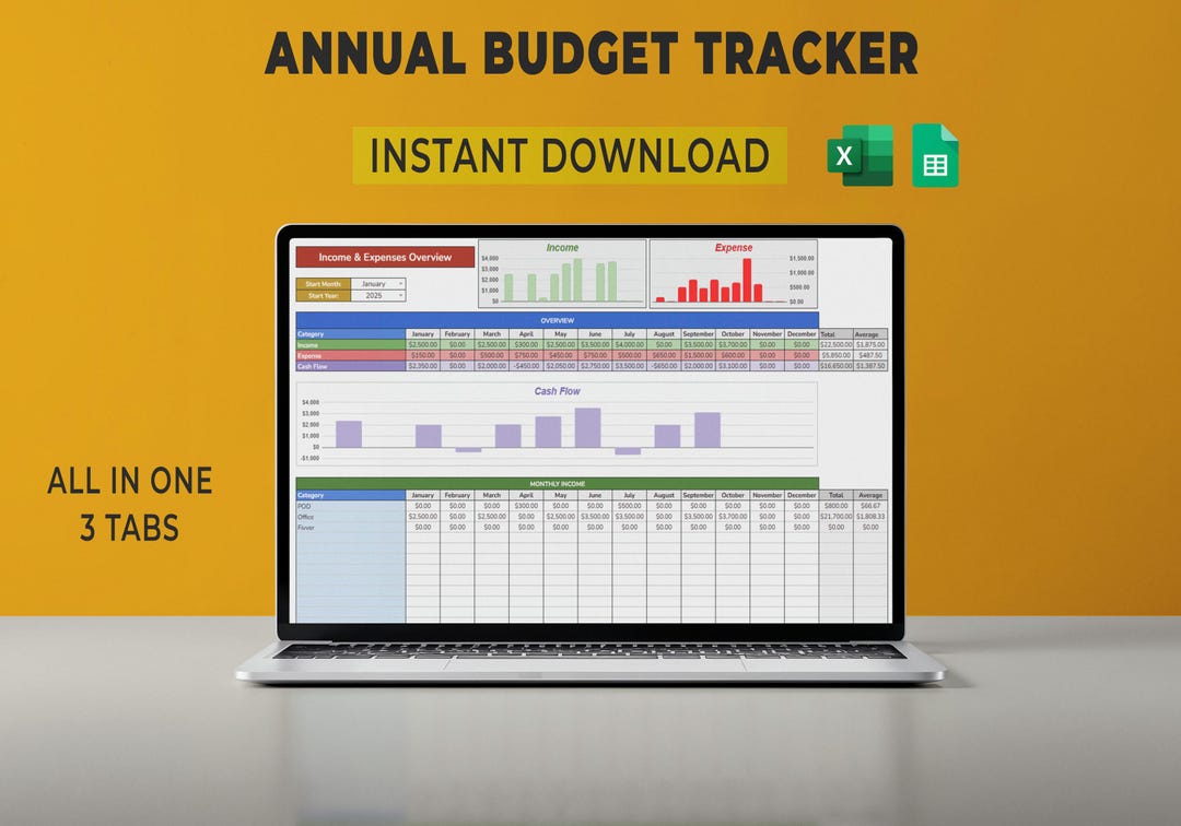 Annual Finance Tracker Spreadsheet, Income Expense Overview Template ...