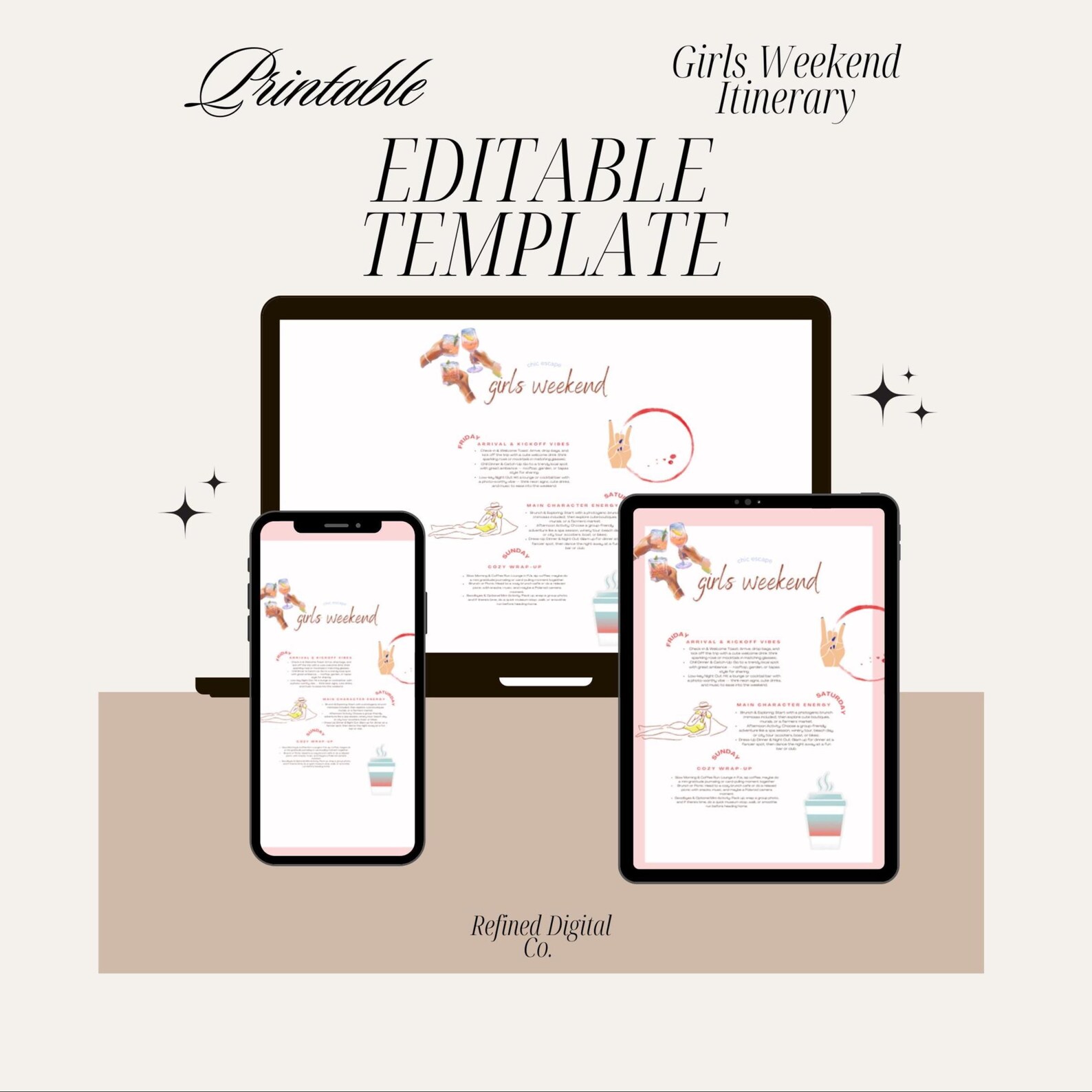 Girls Weekend Itinerary Template | Bachelorette Trip Itinerary ...