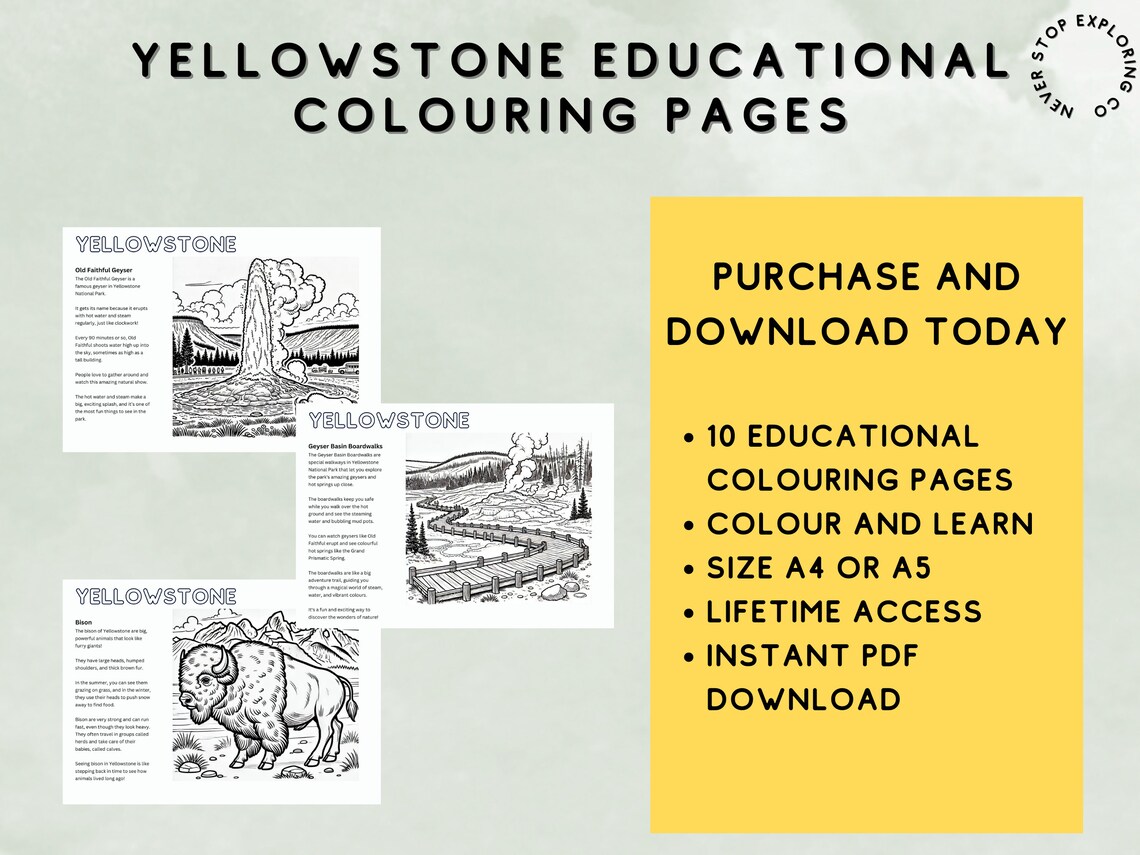 Yellowstone National Park Educational Travel Colouring Pages for Kids ...