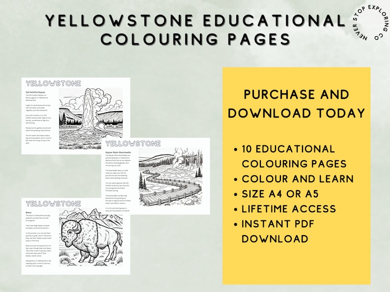 Yellowstone National Park Educational Travel Colouring Pages for Kids ...