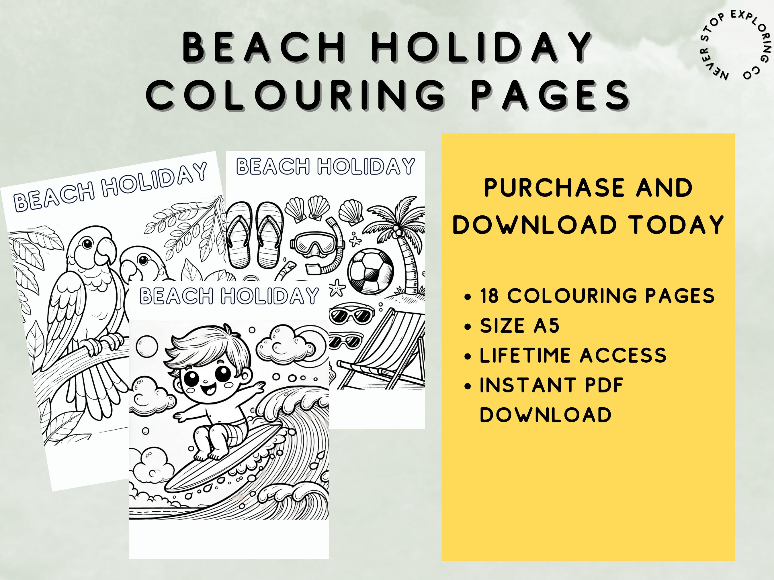 Beach Holiday Printable Colouring Pages - 18 Digital Download Pages ...