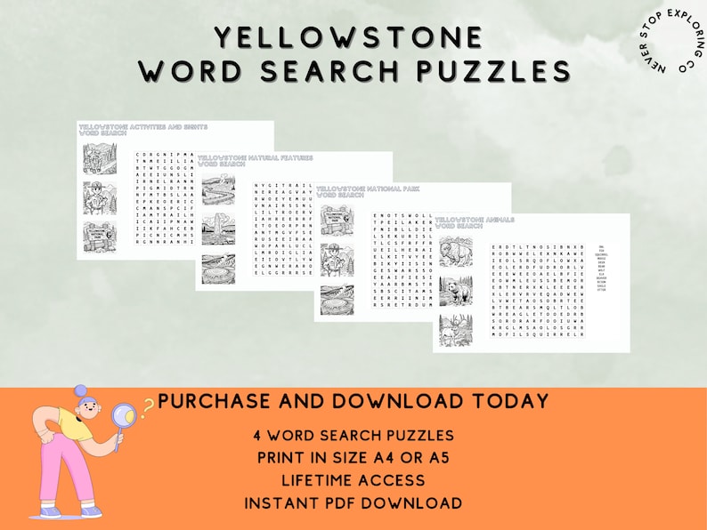 Yellowstone National Park Word Search Puzzles for Kids. 4 Printable ...