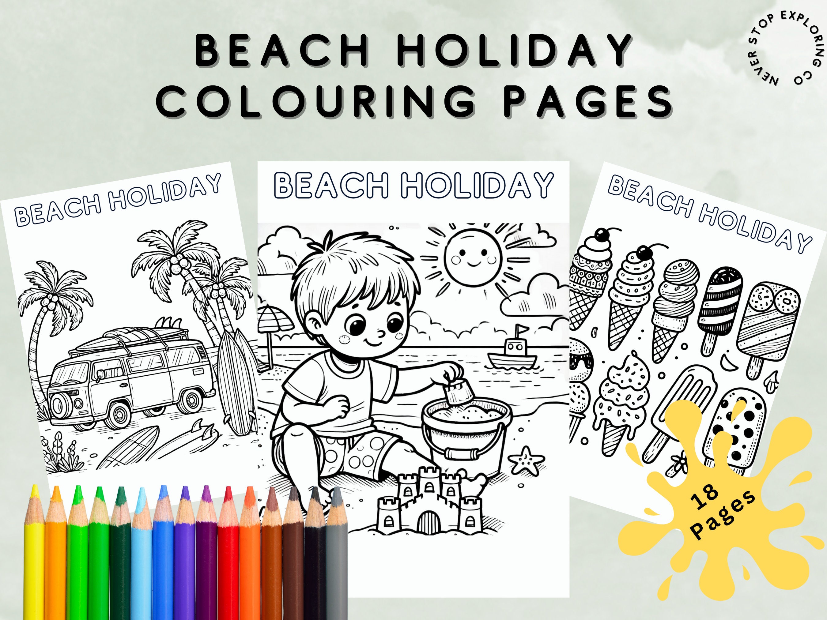 Beach Holiday Printable Colouring Pages - 18 Digital Download Pages ...