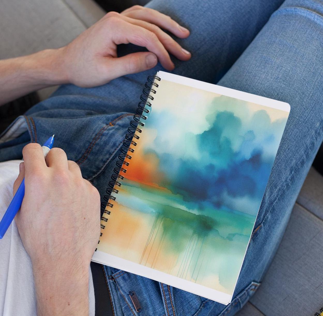 Watercolor Blue and Green Landscape Spiral Notebook - Ruled Line ...