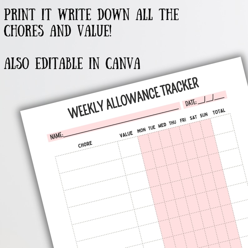 Kids Allowance Tracker Printable Allowance Chore Chart Editable ...
