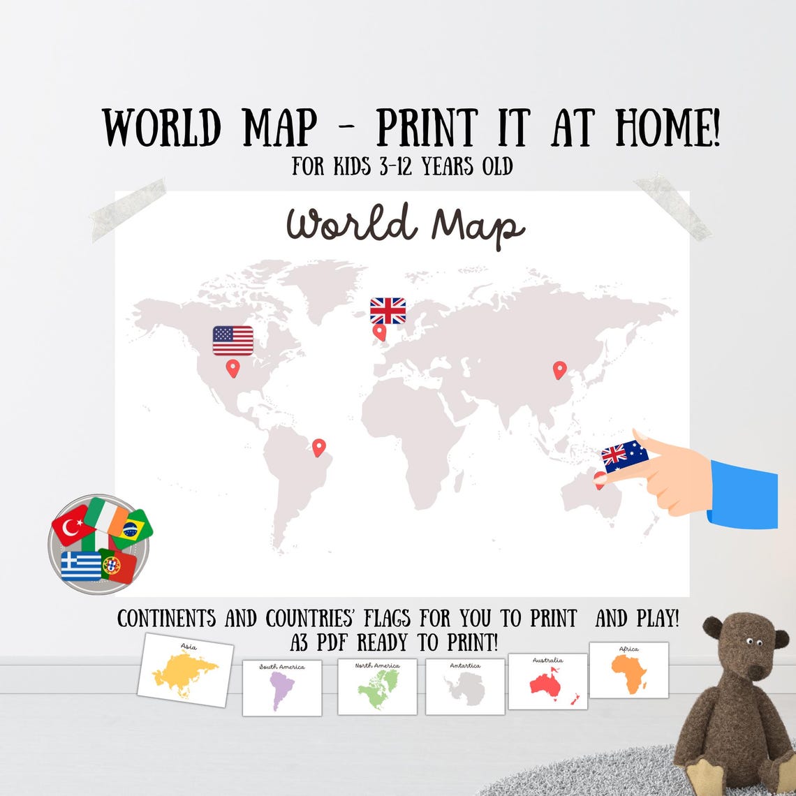 World Map Kids Printable Continent & Flag Game World Map Poster ...