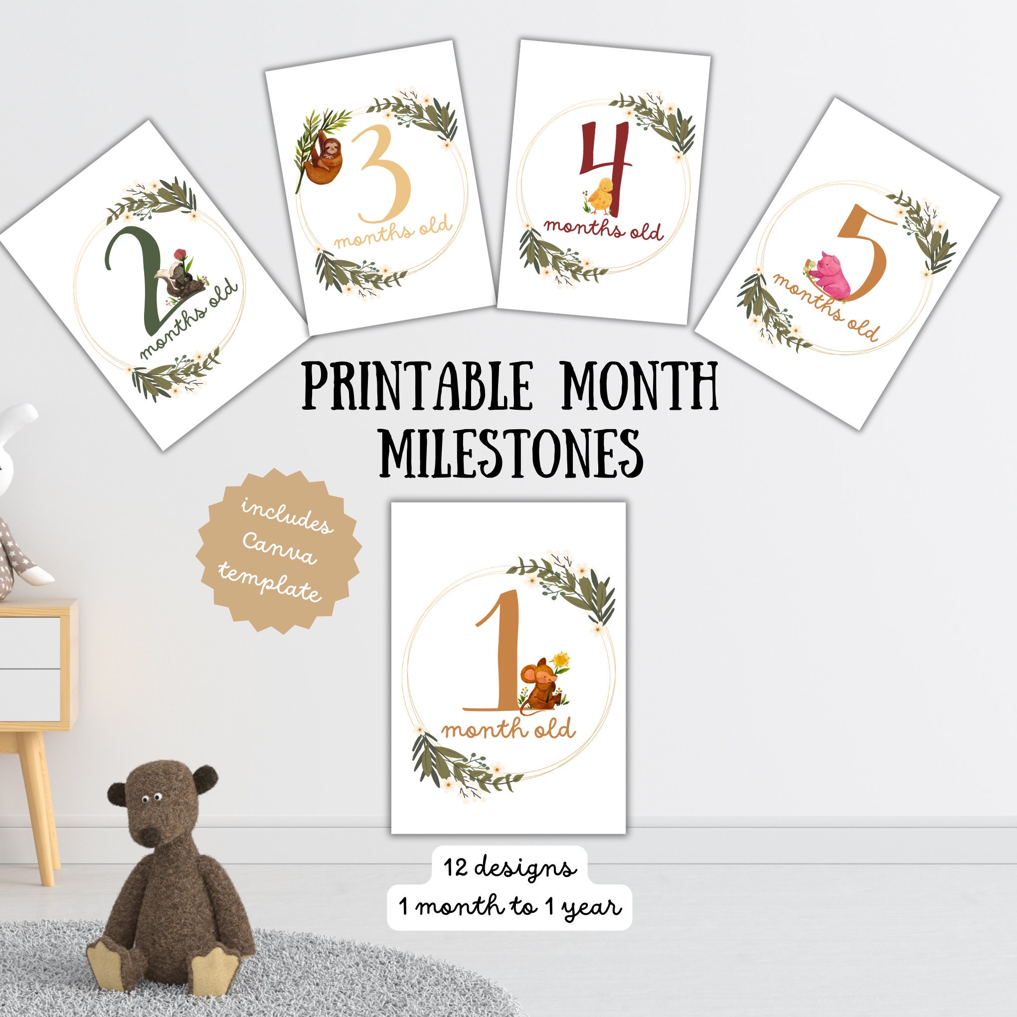 1-12 Months Printable Canva Template Monthly Milestone Cards Baby ...