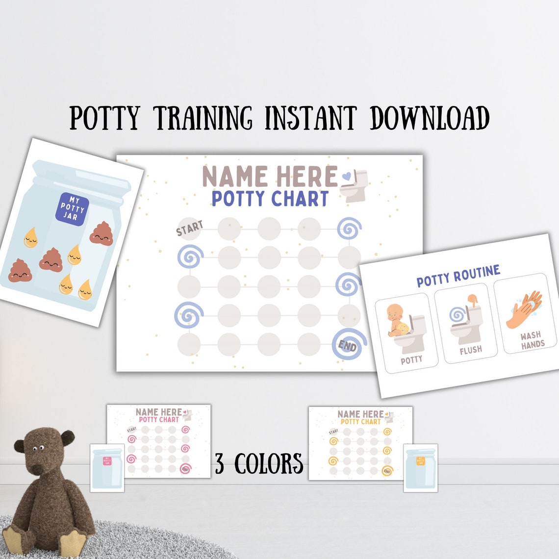 Tableau modifiable d'apprentissage de la propreté Petit pot, routine de ...