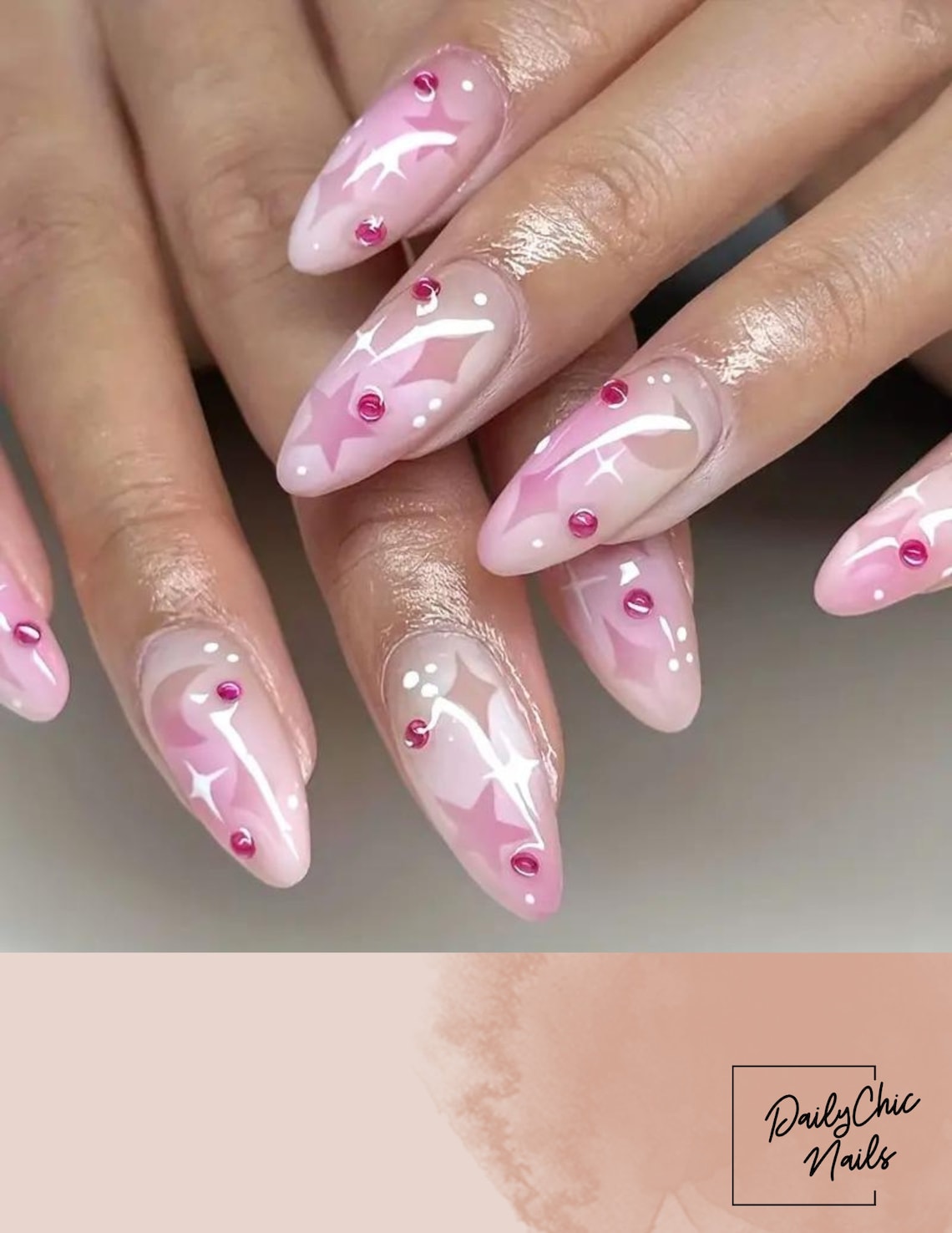 24pcs Glossy Medium Almond Gradient Pink With Hollow Star Rhinestone ...