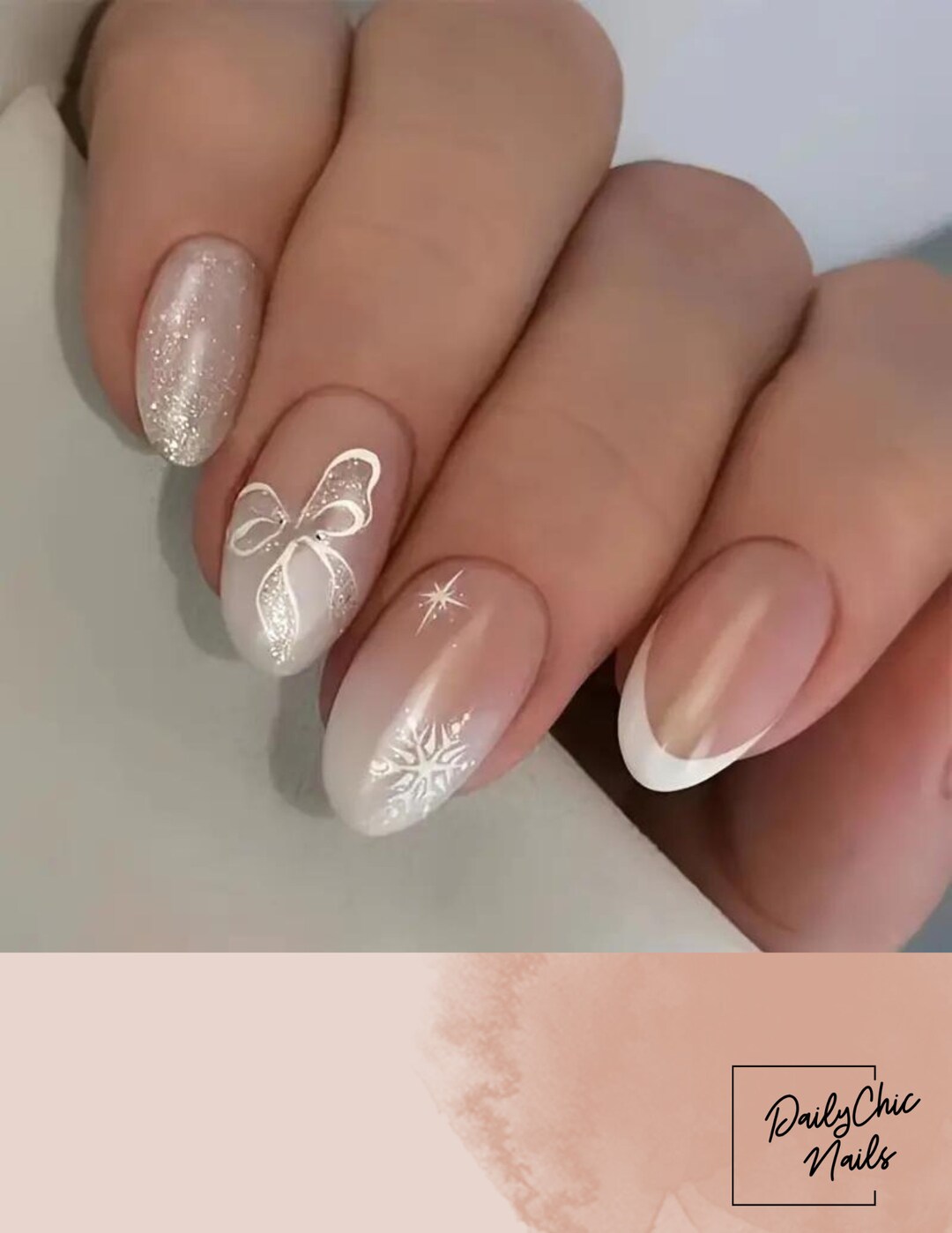 018 White Bow French Tips Press on Nails - Etsy