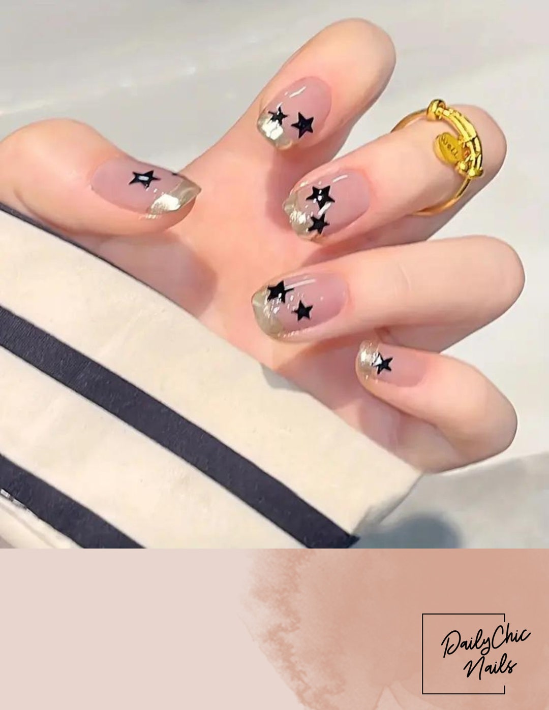 021 Short Oval Golden French Tip With Star Designs Press on Nails - Etsy