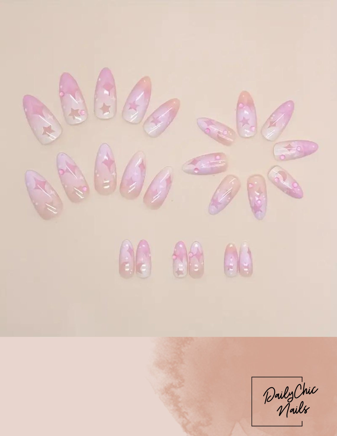 24pcs Glossy Medium Almond Gradient Pink With Hollow Star Rhinestone ...