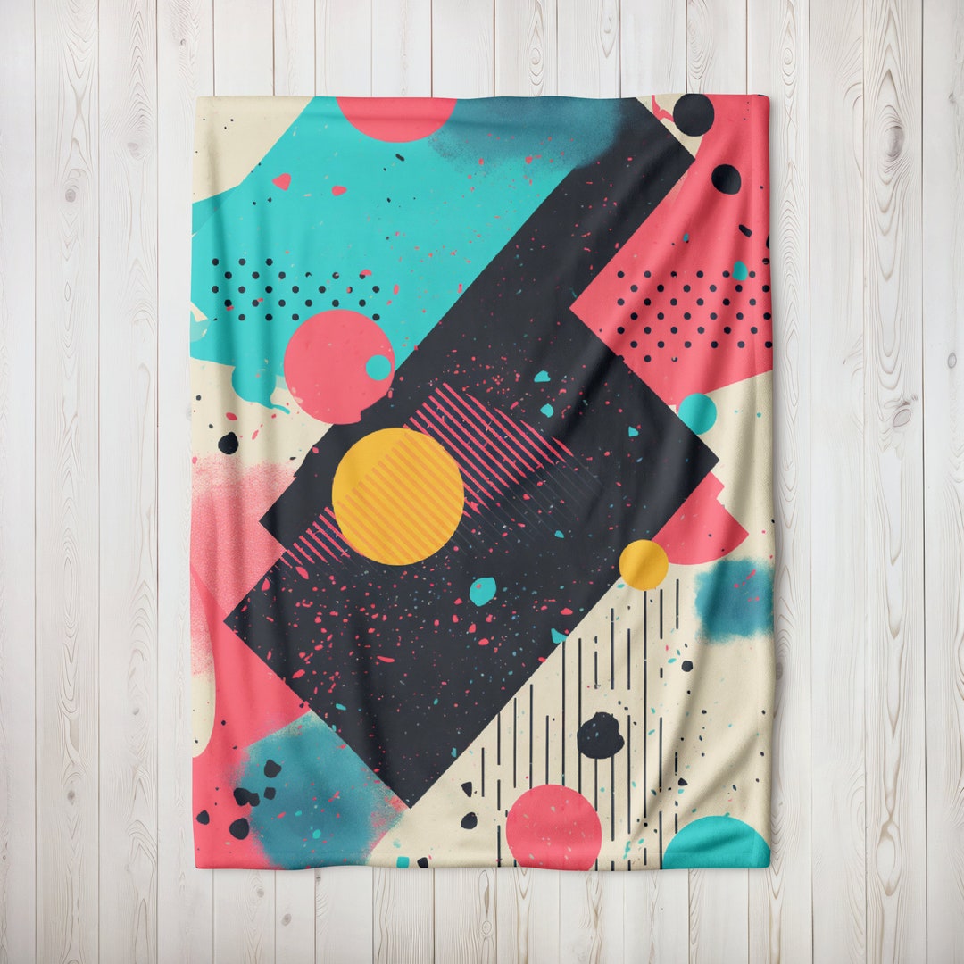 Velveteen Plush Blanket, Abstract Shapes Print, Retro Vibe, Home Decor ...