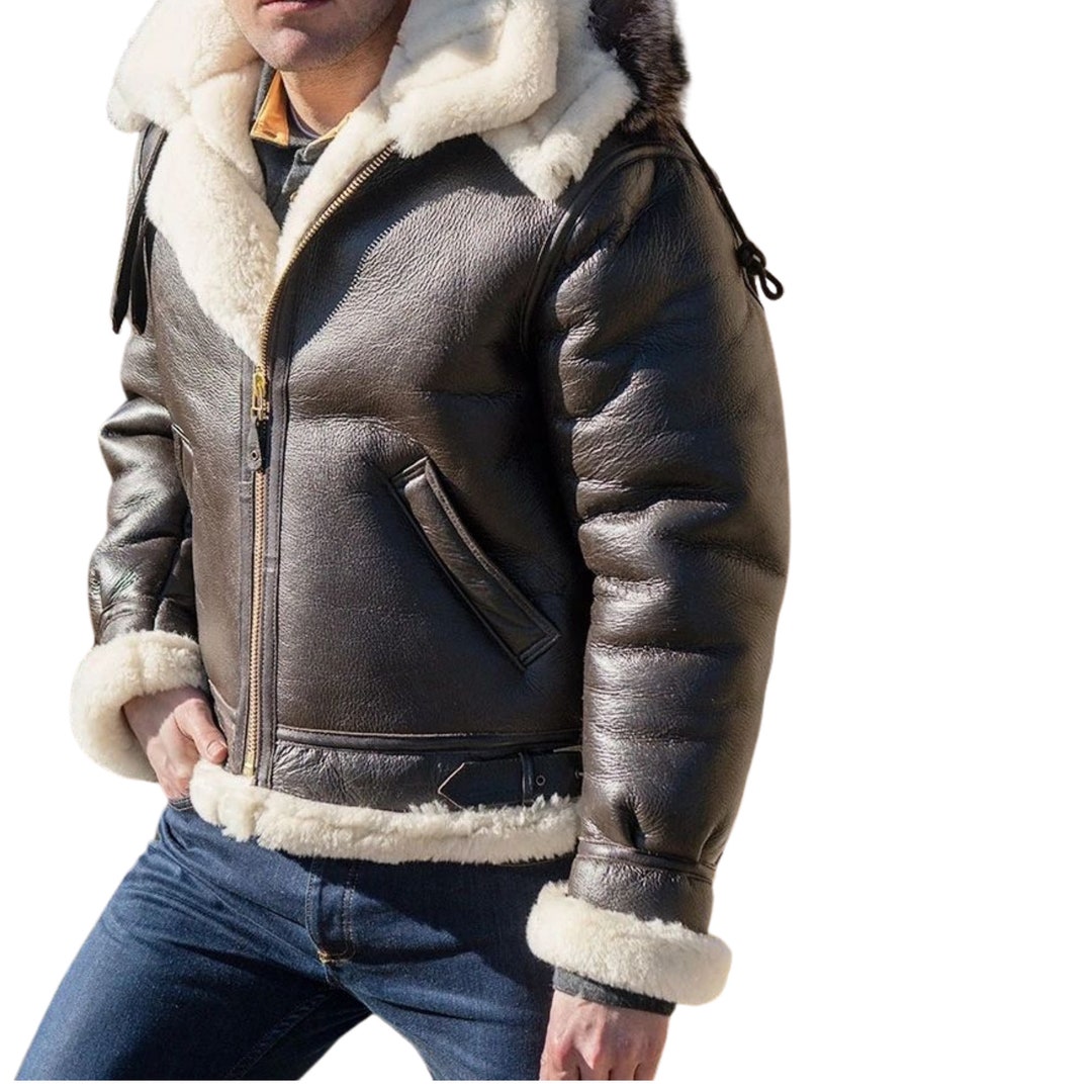 Men's RAF B3 Aviator Flying Bomber Brown Leather Jacket, Winter Shearling, Genuine Leather ...