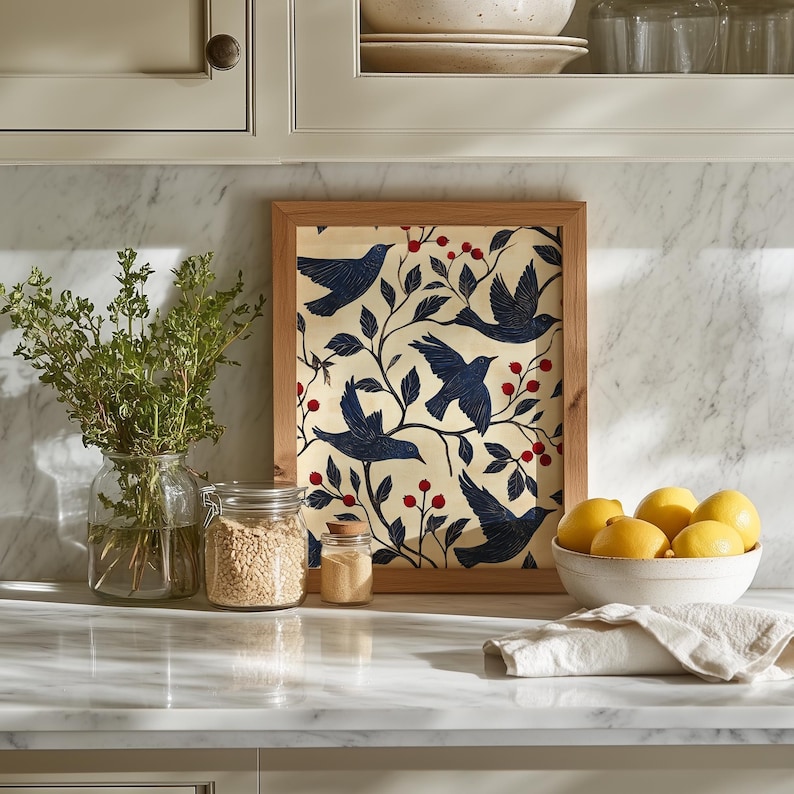 Navy Blue Bird Flock Print - Rustic Cottagecore Wall Art (digital ...