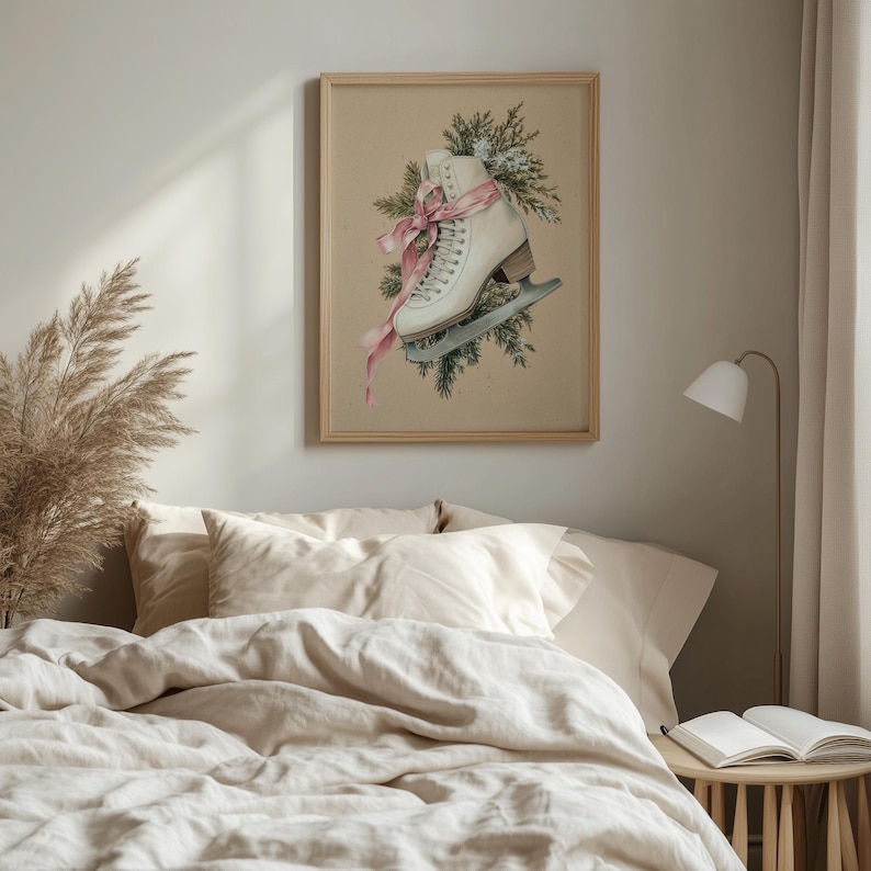 Printable Ice Skate With Pink Ribbon - Cozy Cottagecore Winter Art ...